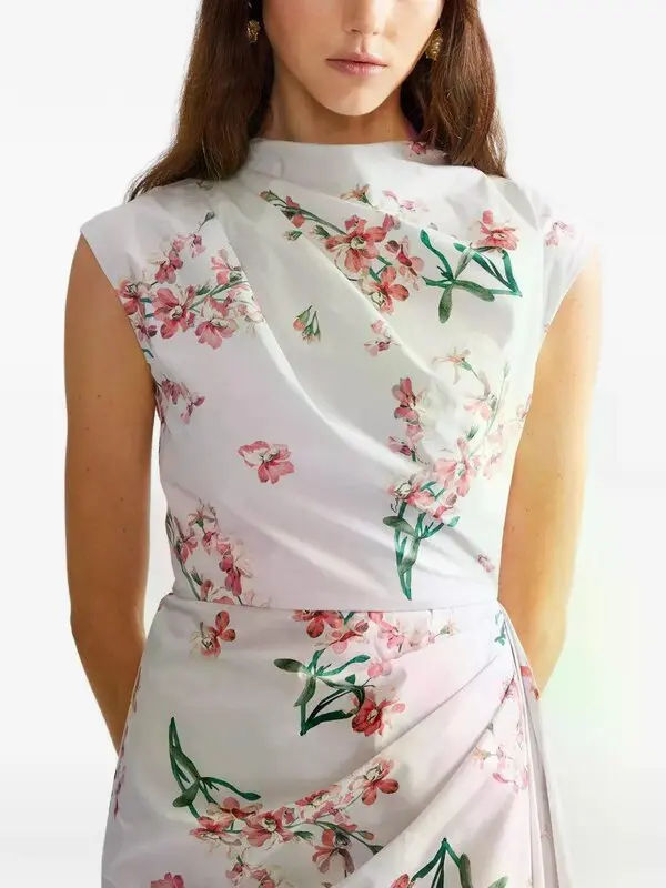 Erdem Floral Print Draped Midi Dress - Neutrals