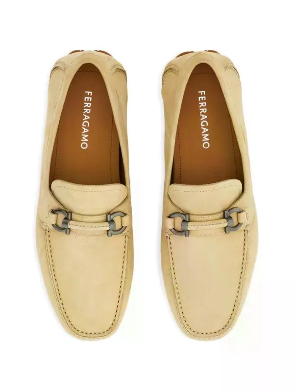 FERRAGAMO Gancini Ornament Driver Loafers In Nubuck - Neutrals