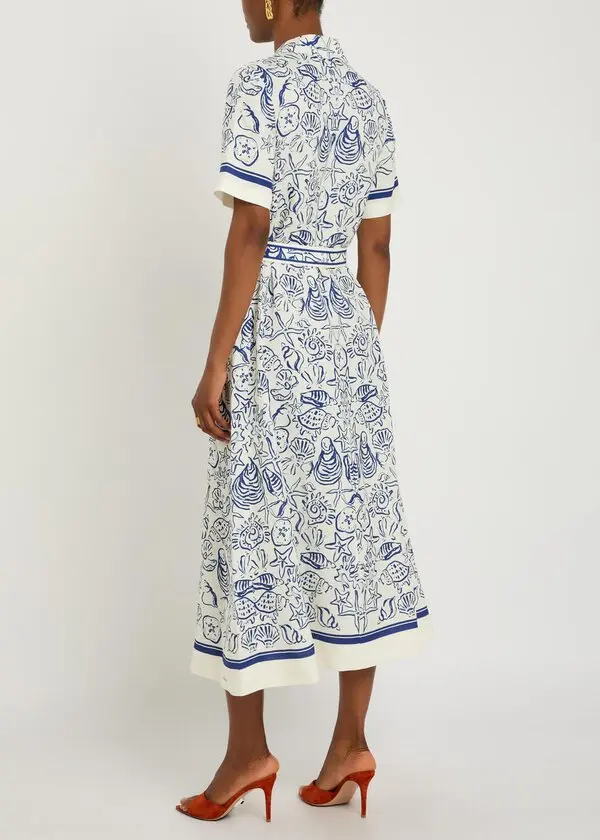 Simkhai Audria Printed Belted Linen-blend Midi Shirt Dress - Blue