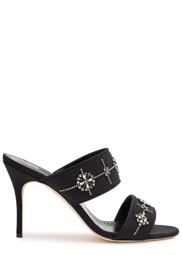 Manolo Blahnik Crystal-embellished Crepe De Chine Mules - Black