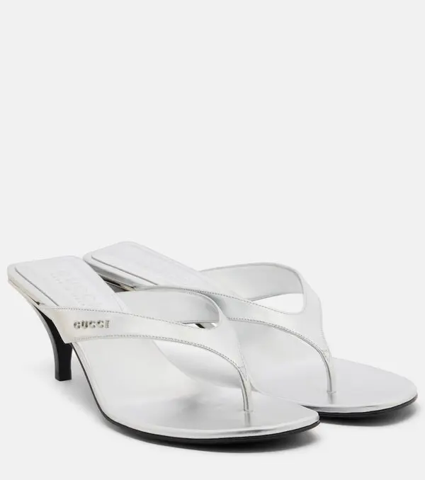 Gucci Vittoria Metallic Leather Thong Sandals - Silver