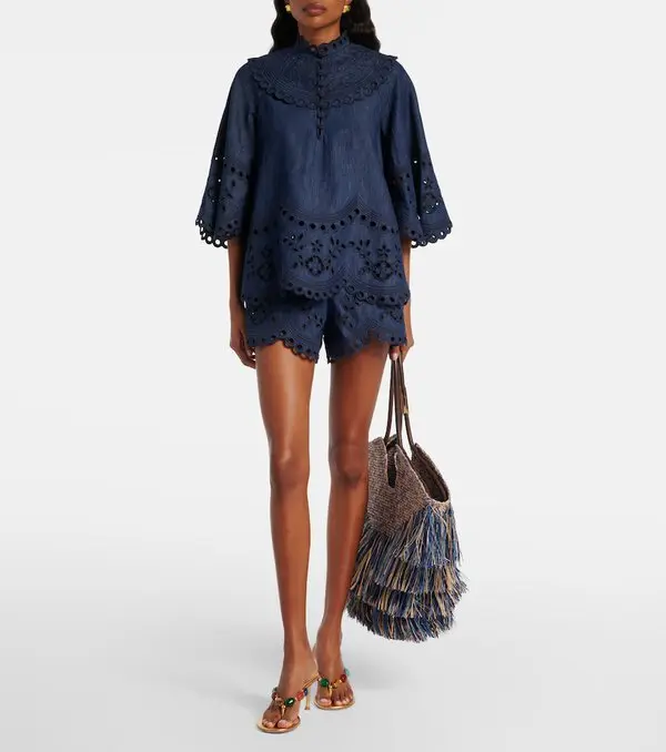 Zimmermann Mahon Broderie Anglaise Denim Shorts - Blue