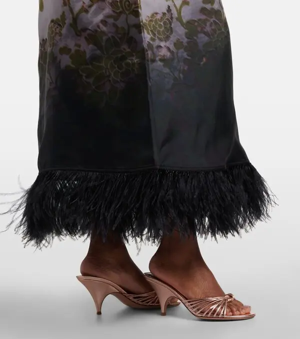 La DoubleJ Swing Feather-trimmed Floral Silk Twill Maxi Dress