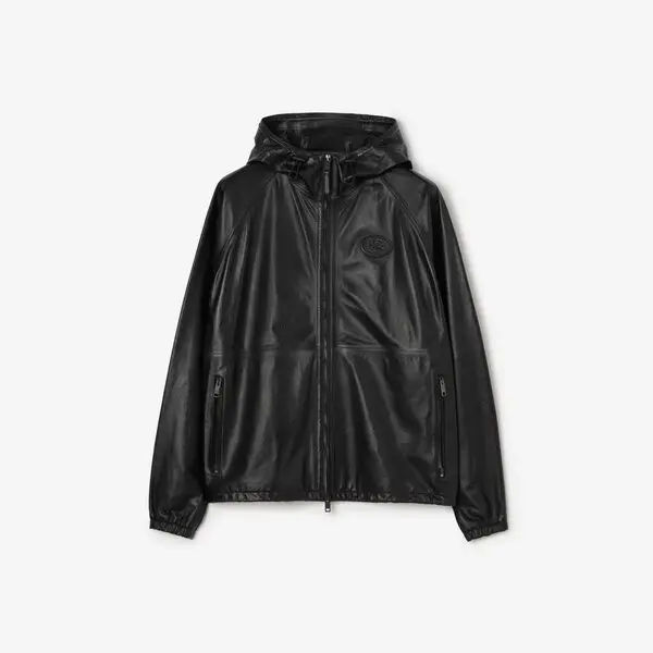 Burberry Leather Hooded Jacket With Check-embossed Trims And Knight Stamp