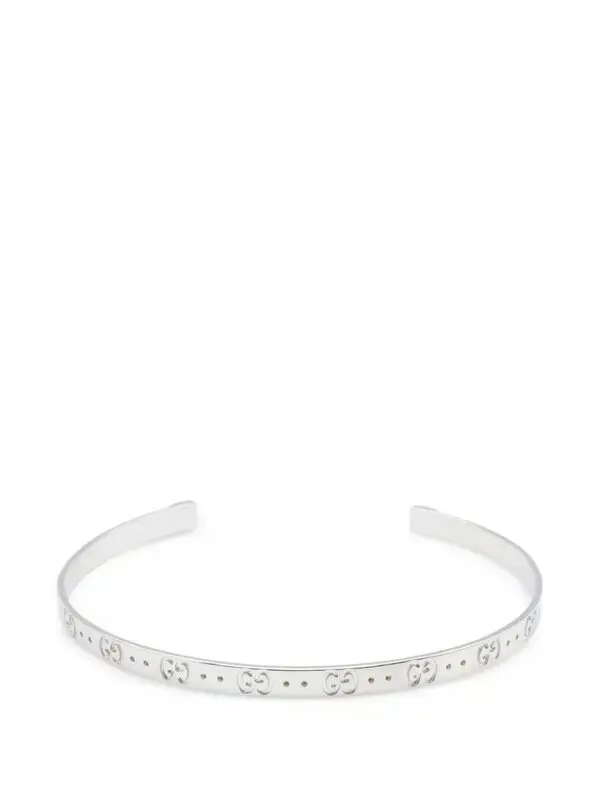 Gucci 18k White Gold Engraved Icon Motif Cuff Bracelet - Silver