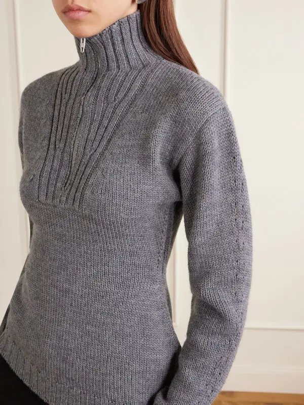 JIL SANDER Ribbed-knit Wool Half-zip Turtleneck Sweater - Gray
