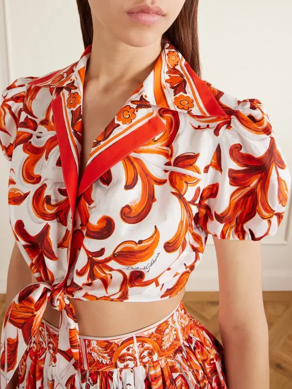 Dolce & Gabbana Cropped Printed Cotton-poplin Top - Orange
