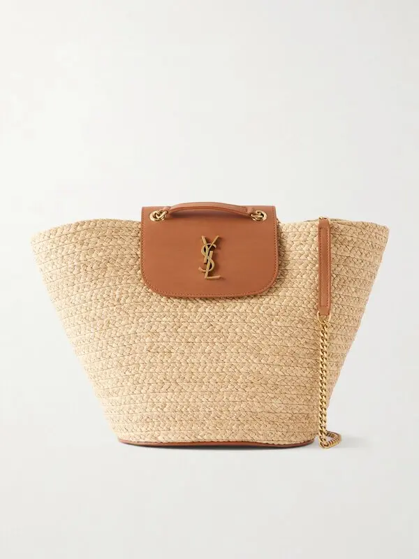 Saint Laurent Panier Raffia Tote With Leather Trim And Chain Strap - Multi