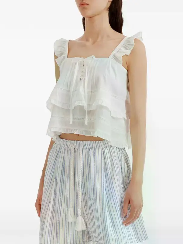 TOUT A COUP Ruffled Sleeveless Blouse With Lace Inserts