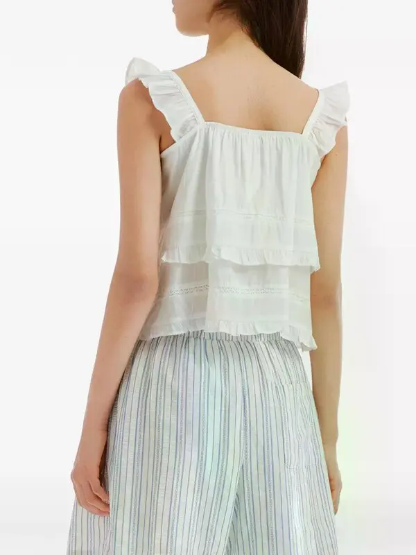 TOUT A COUP Ruffled Sleeveless Blouse With Lace Inserts