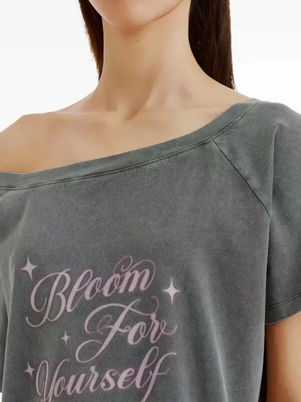 B+AB Off-shoulder Washed Cotton T-shirt With Drawstring Hem - Grey