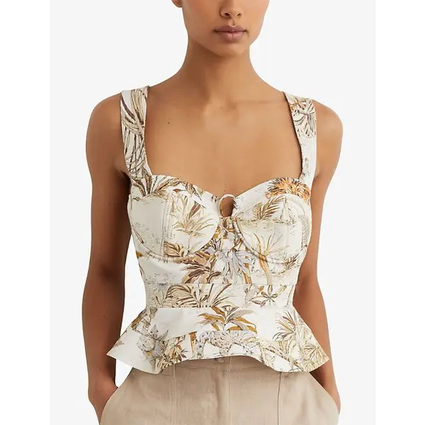 REISS Remi Graphic-print Cotton Bustier Top - Neutral