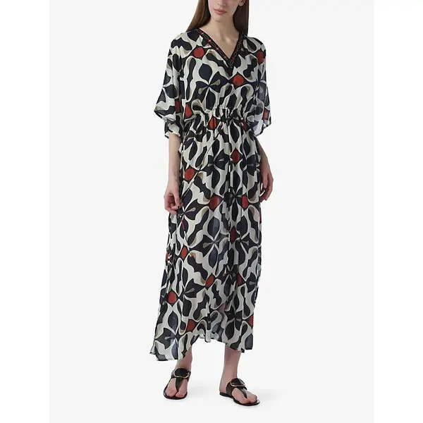 LEEM Geometric Floral Print V-neck Kaftan Dress