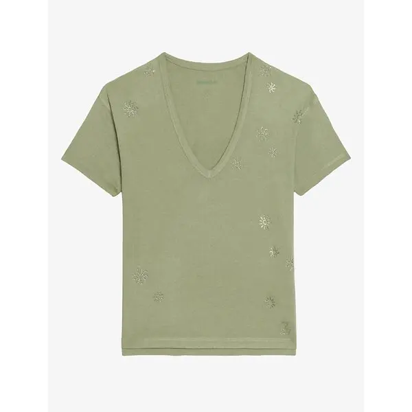 Zadig&Voltaire Marta V-neck Rhinestone Embellished Cotton T-shirt - Tea