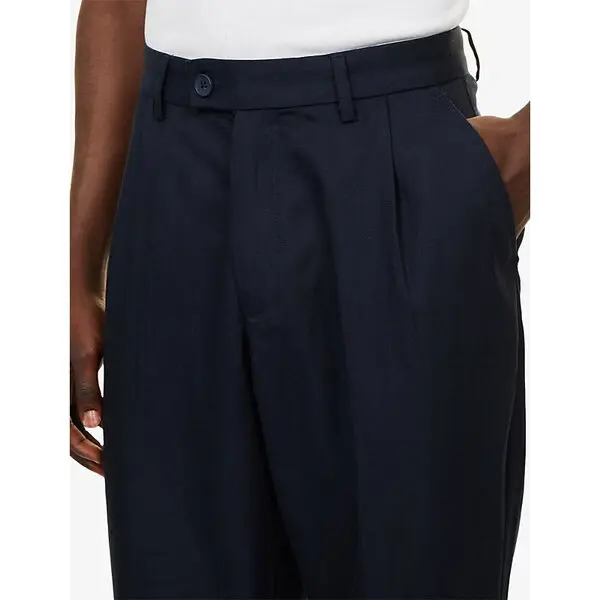 PERCIVAL Pressed-pleat Straight-leg Cotton-blend Trousers - Navy