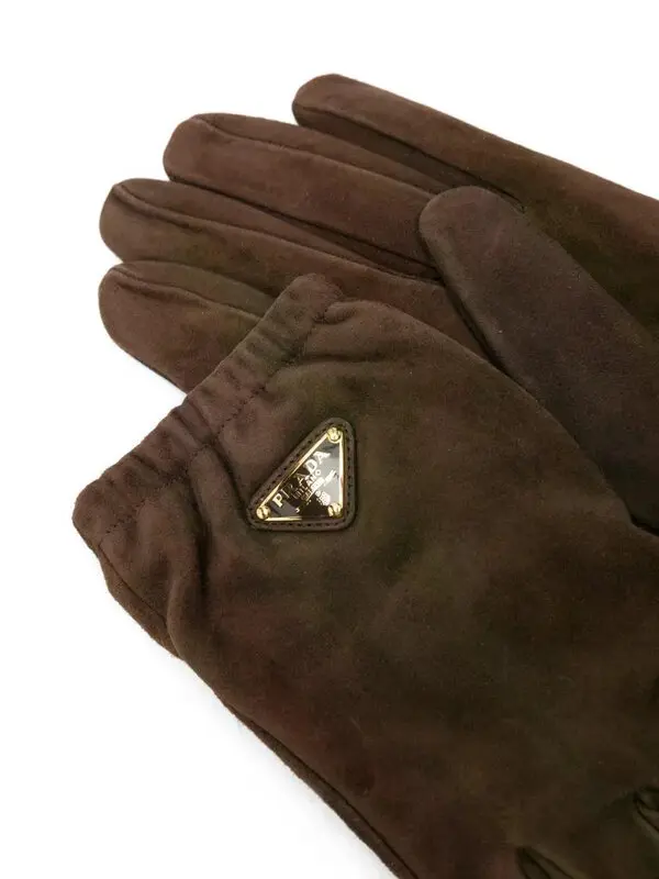 Prada Suede Gloves With Triangle Logo Detail - Brown