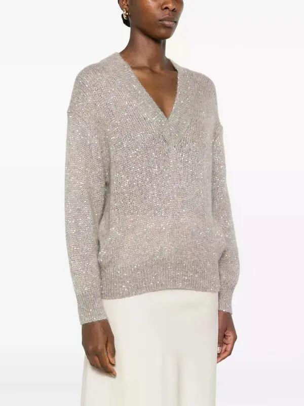 Brunello Cucinelli Sequin-embellished V-neck Sweater - Neutrals