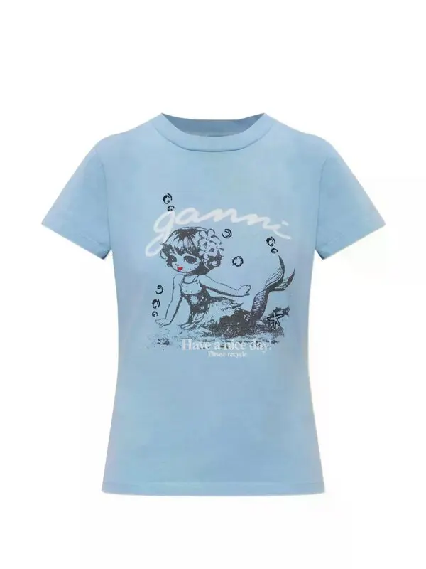 GANNI Graphic Print Cotton T-shirt - Blue