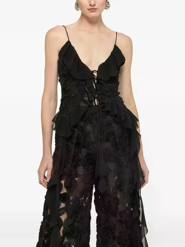 NISSA 3d Floral Embroidered Ruffled Top - Black
