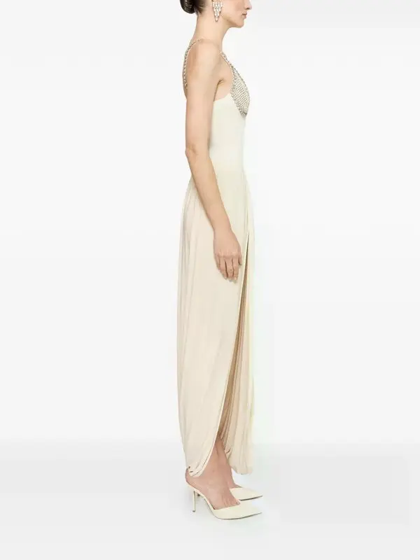 NISSA Crystal Embellished Draped Maxi Dress