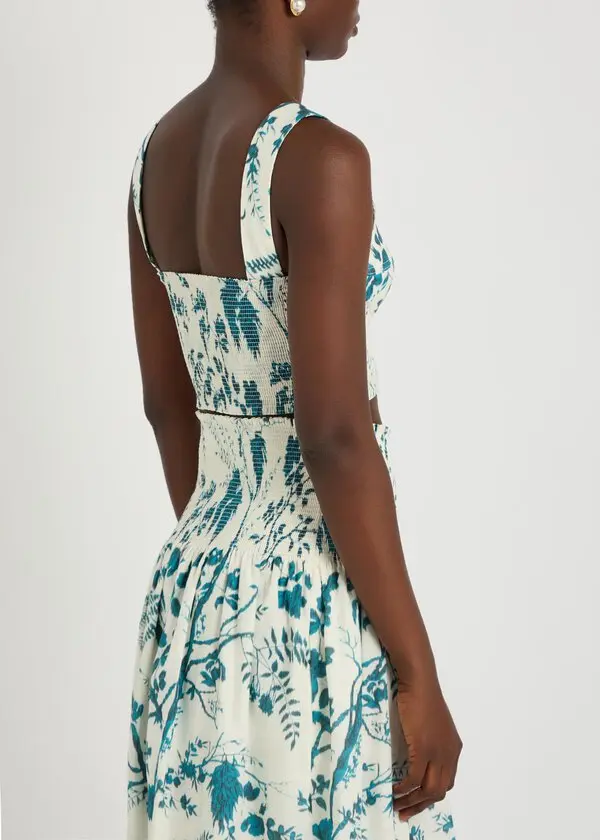 Erdem Floral-print Cotton And Linen-blend Sweetheart Neck Crop Top - Blue