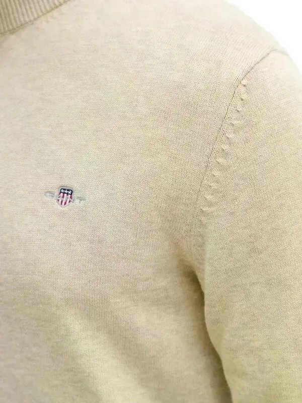 Gant Zip-up Embroidered-logo Fine Knit Sweater - Neutrals