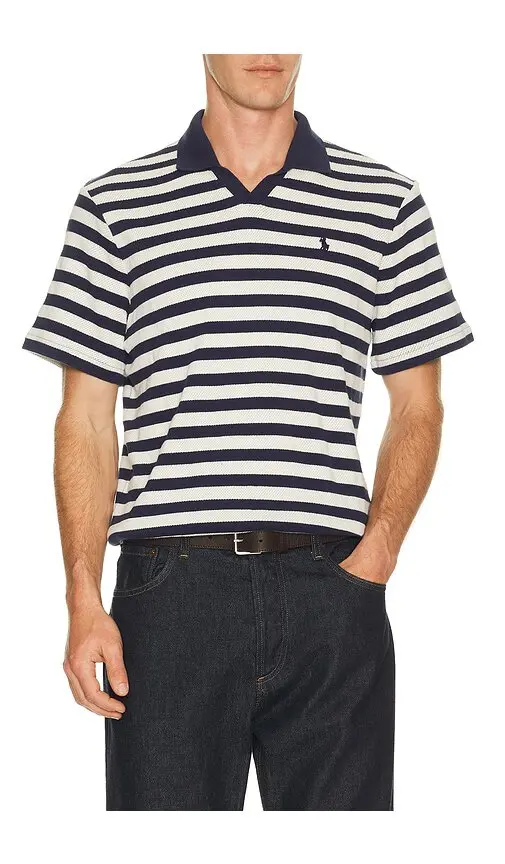 Polo Ralph Lauren Short Sleeve Cotton Club Stripe Textured Fully Fashioned Johnny Collar Polo In . Also - Navy