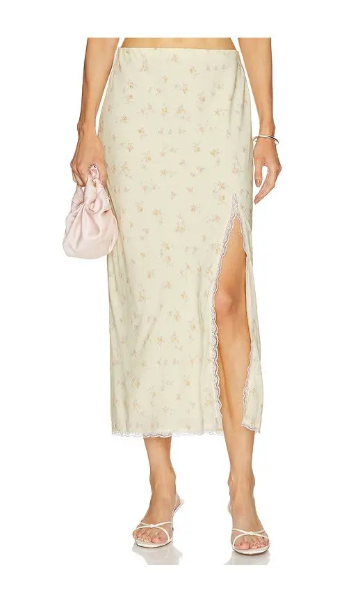 LoveShackFancy Silvia Printed Midi Skirt With Lace Trim And Slit - Yellow