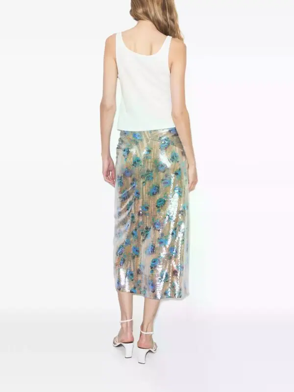 Tory Burch Sequined Blue Rose Print Pencil Skirt