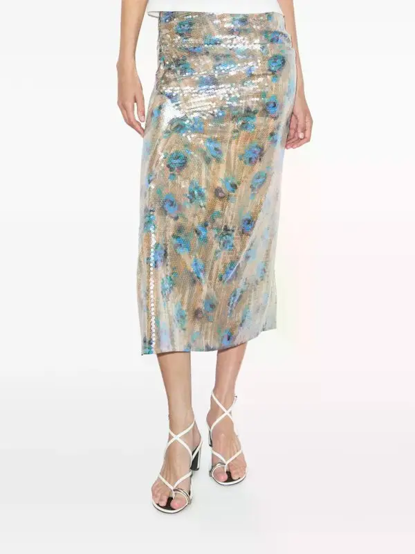 Tory Burch Sequined Blue Rose Print Pencil Skirt