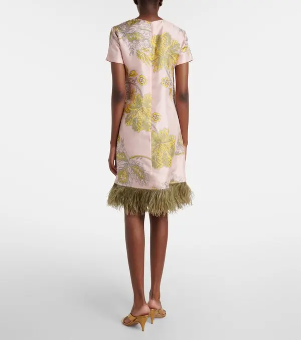 La DoubleJ Swing Feather-trimmed Floral Silk Twill Mini Dress