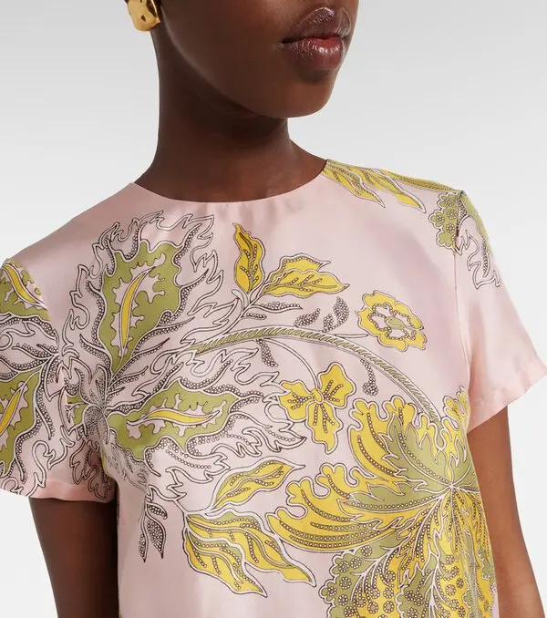 La DoubleJ Swing Feather-trimmed Floral Silk Twill Mini Dress