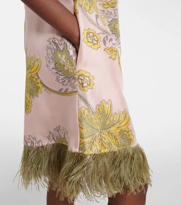 La DoubleJ Swing Feather-trimmed Floral Silk Twill Mini Dress