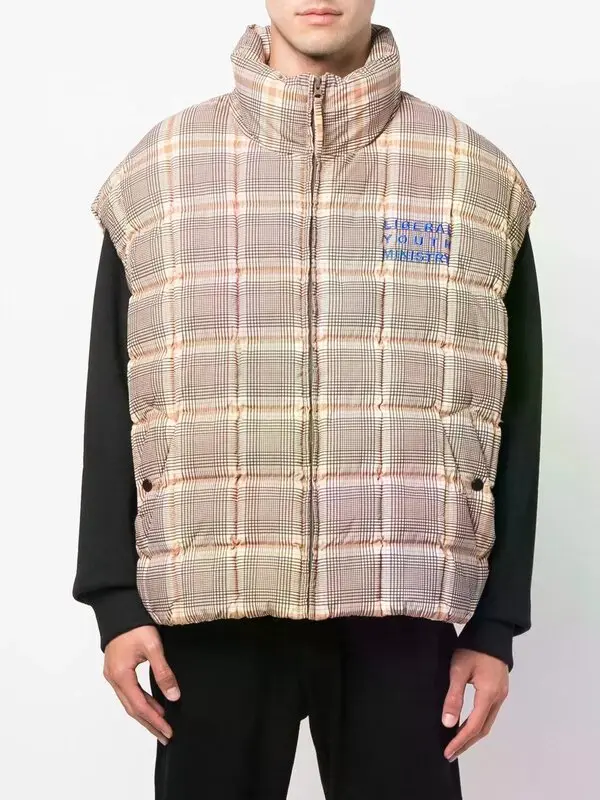 LIBERAL YOUTH MINISTRY Appliqué Lettering Check-pattern Padded Gilet