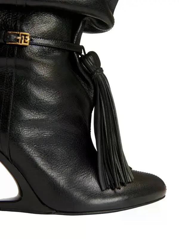 Balmain Thigh-high Textured Leather Boots With Tassel And Gold Buckle