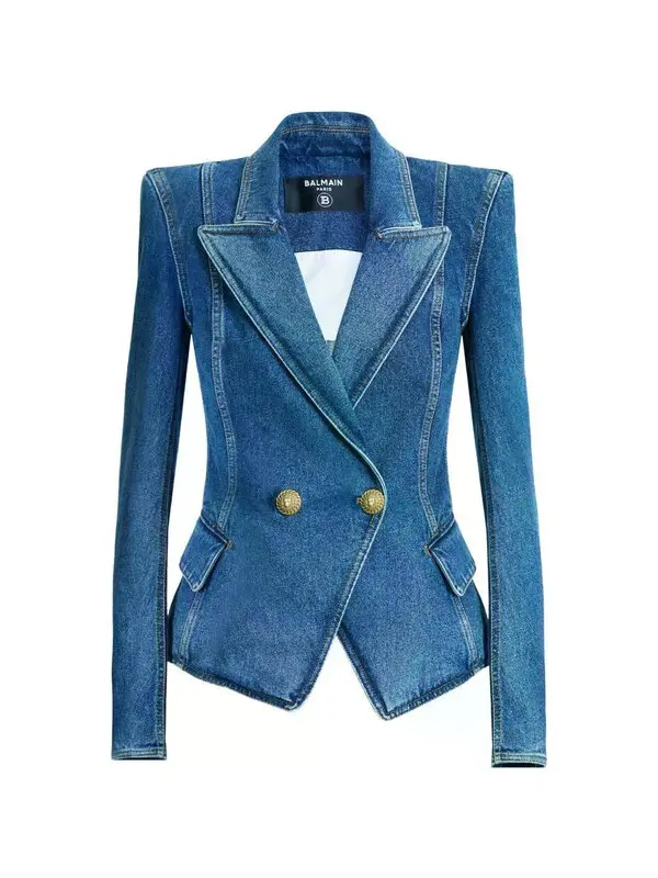Balmain Denim Double-breasted Jacket With Lion Chain Buttons - Blue