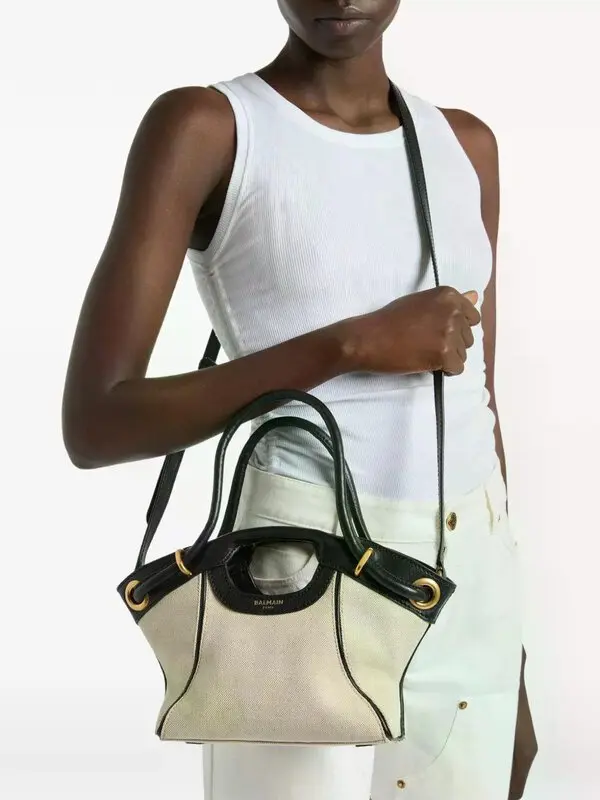 Balmain Small Tote In Smooth Leather And Canvas - Neutrals