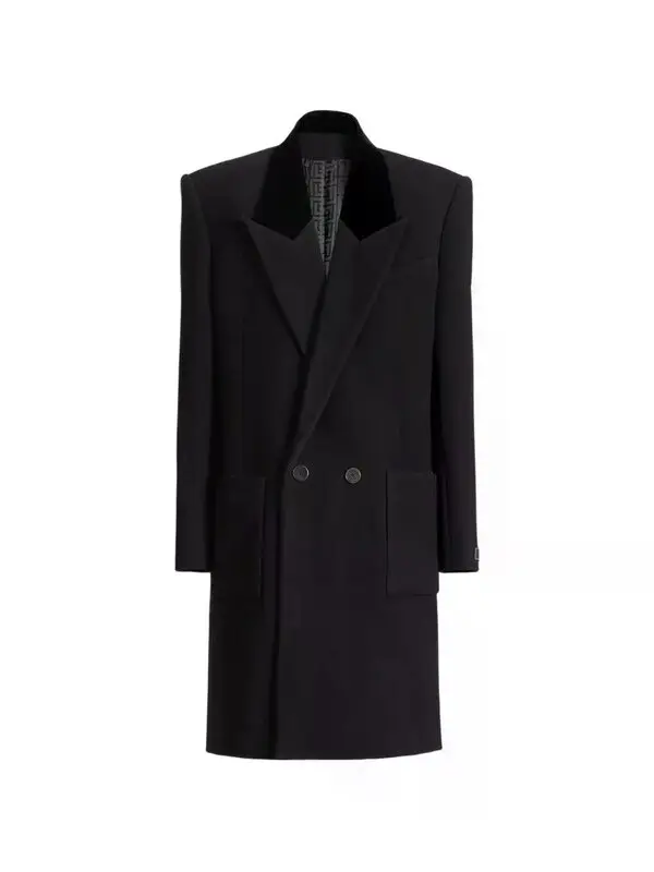Balmain Long Wool And Velvet Peak Lapel Coat - Black