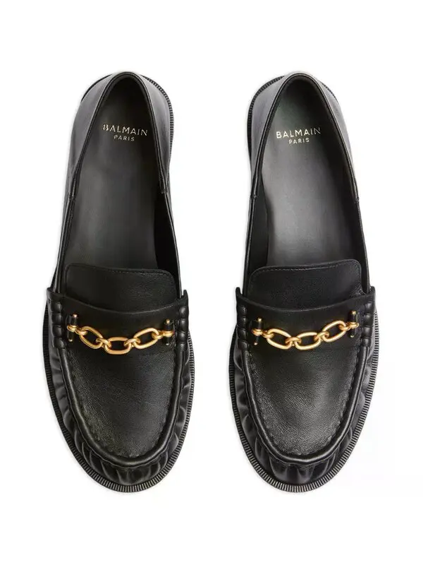 Balmain Sync Leather Loafers With Gold Chain Detail - Black