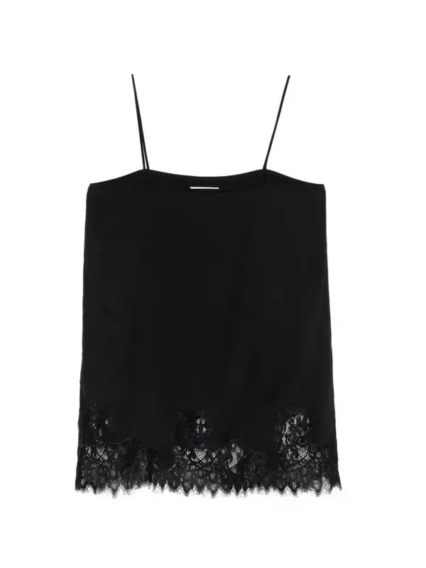 SEMICOUTURE Lace Trim Spaghetti Strap Top - Black