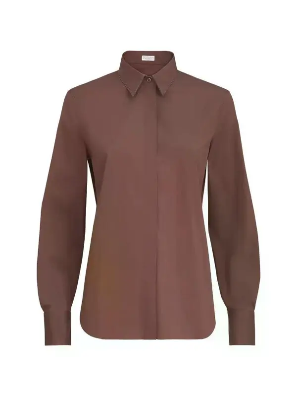Brunello Cucinelli Stretch Cotton Poplin Shirt With Monili Collar Detail - Brown