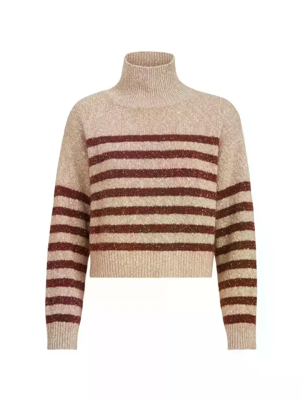 Brunello Cucinelli Soft Virgin Wool And Cashmere Striped Turtleneck Sweater With Sequins - Neutrals