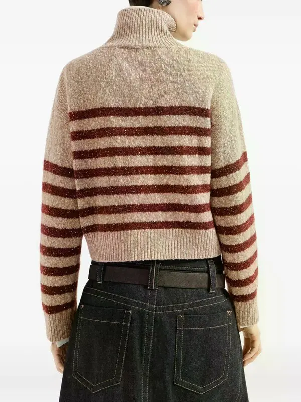 Brunello Cucinelli Soft Virgin Wool And Cashmere Striped Turtleneck Sweater With Sequins