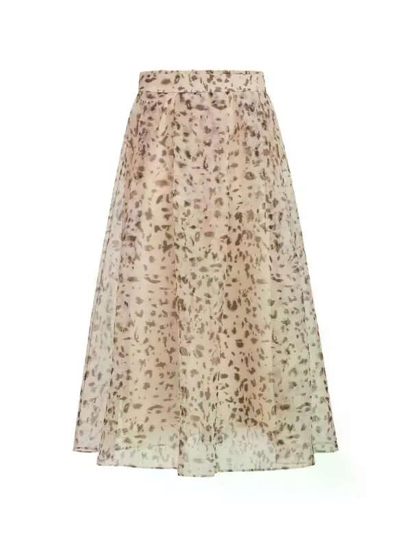 Brunello Cucinelli Lynx Print Silk Organza Pleated Midi Skirt - Neutrals