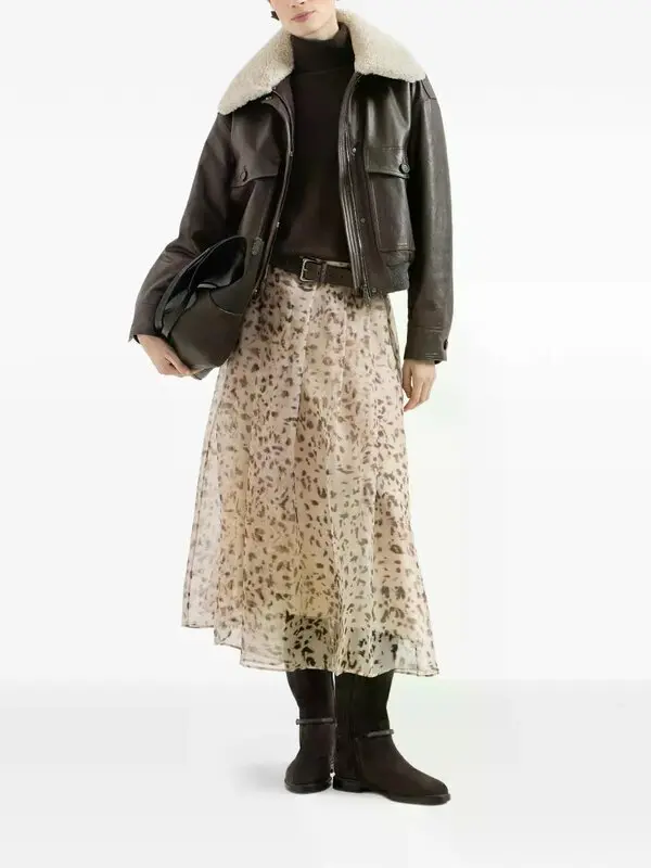 Brunello Cucinelli Lynx Print Silk Organza Pleated Midi Skirt - Neutrals