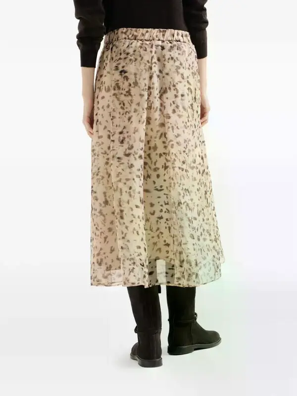 Brunello Cucinelli Lynx Print Silk Organza Pleated Midi Skirt - Neutrals