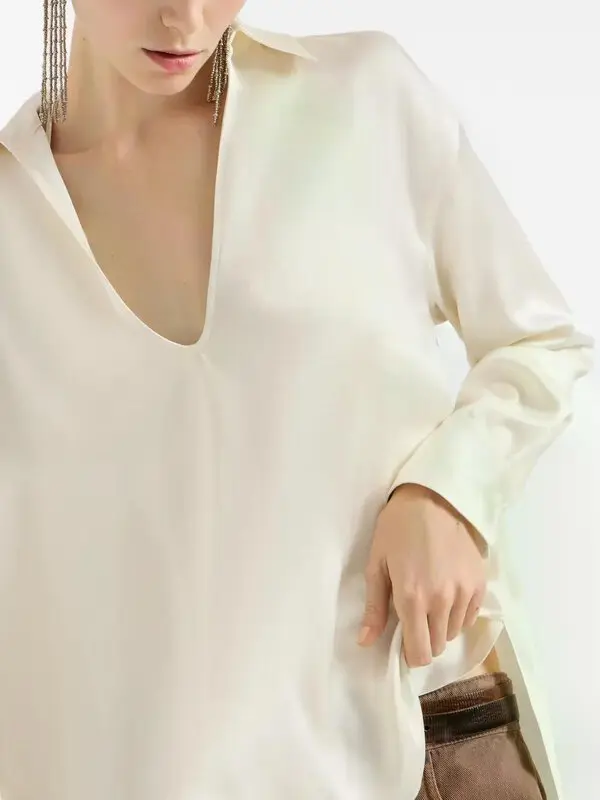 Brunello Cucinelli Silk Satin V-neck Blouse