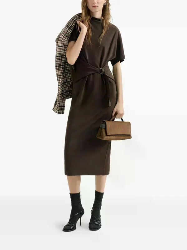Brunello Cucinelli Techno Wool Jersey Wrap Belt Dress With Monili Embellishment