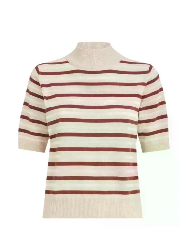 Brunello Cucinelli Virgin Wool, Cashmere And Silk Knit T-shirt With Sparkling Stripes - Neutrals