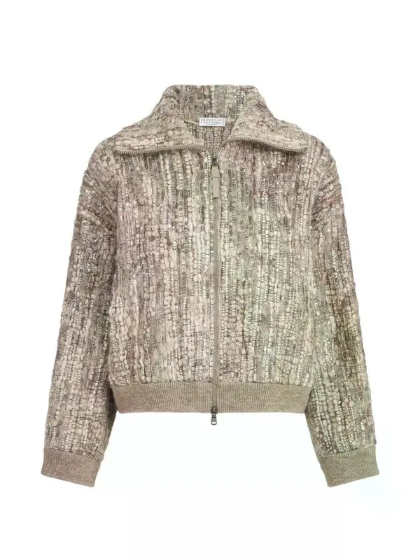 Brunello Cucinelli Mohair And Wool Cardigan With Tree Bark Embroidery - Neutrals